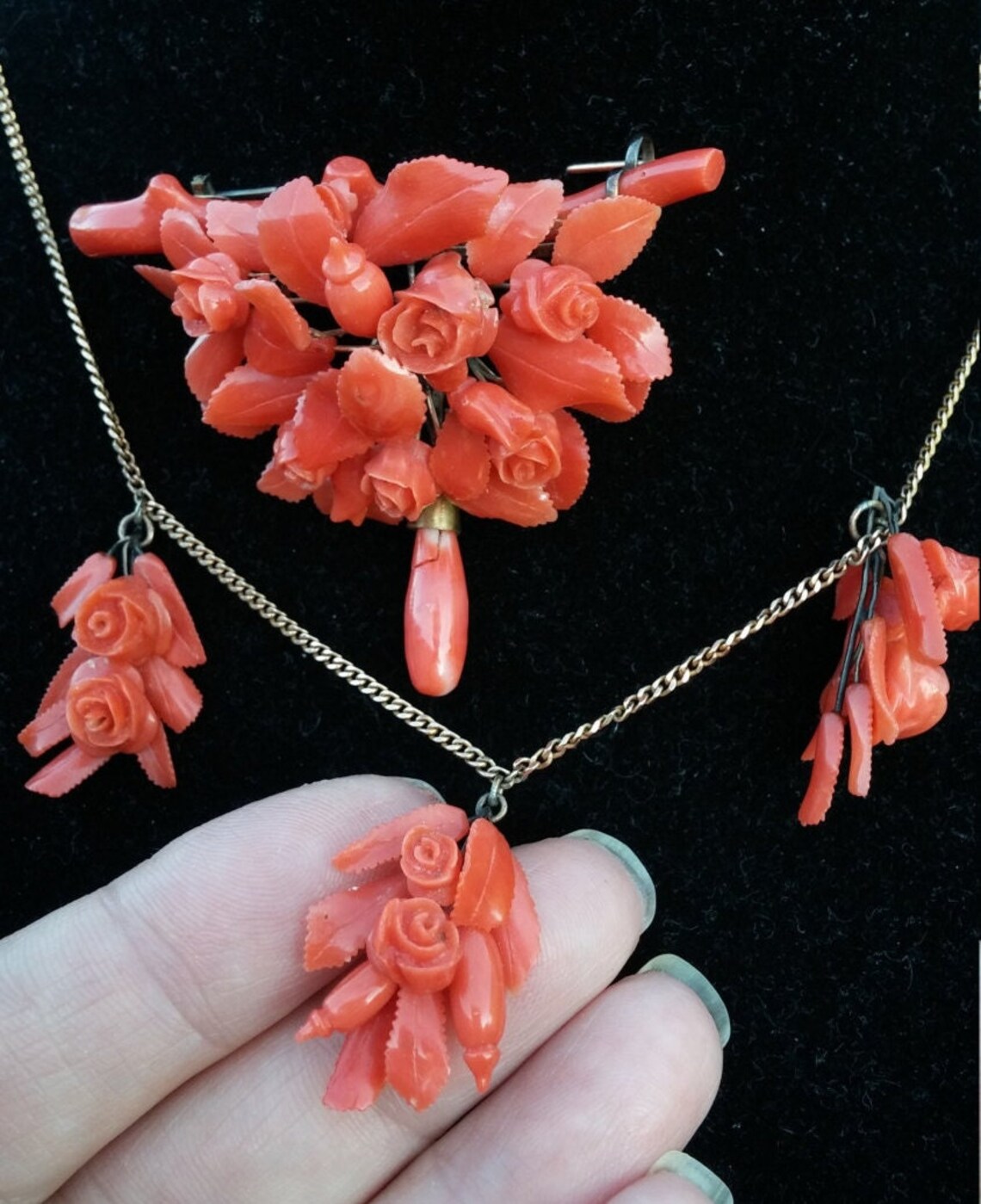 Red Coral Flower Roses Design 3 Pieces Set Necklace Brooch - Etsy