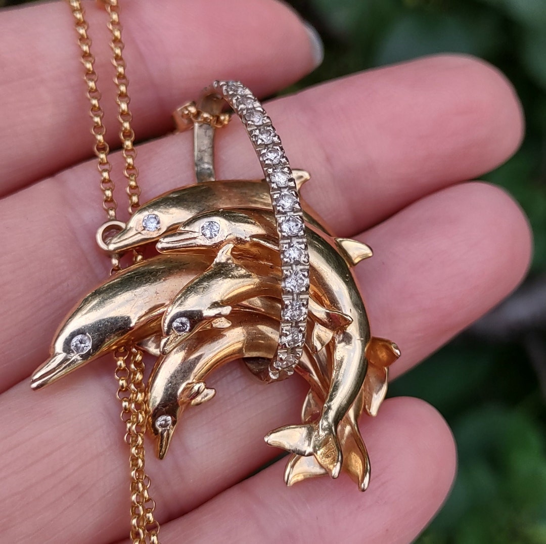 14k Gold Diamond Group of Delphines Pendant 15 Grams Fabulous - Etsy