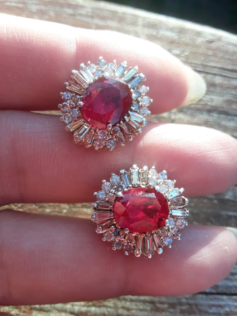 14k Gold Baguette Round Diamond Synthetic Ruby Ballerina Stud | Etsy