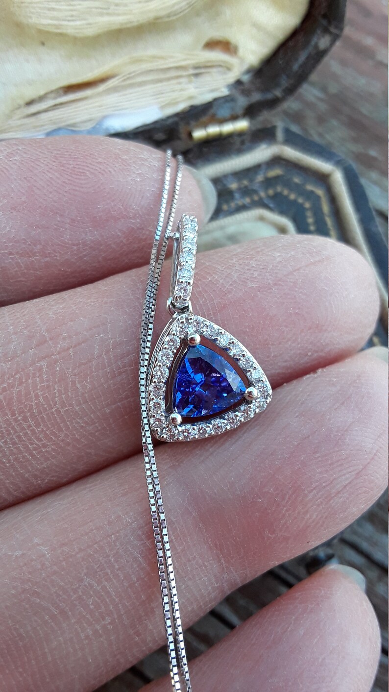 14k Gold Diamond AAA Trillion Cut Tanzanite Pendant With Chain Necklace ...