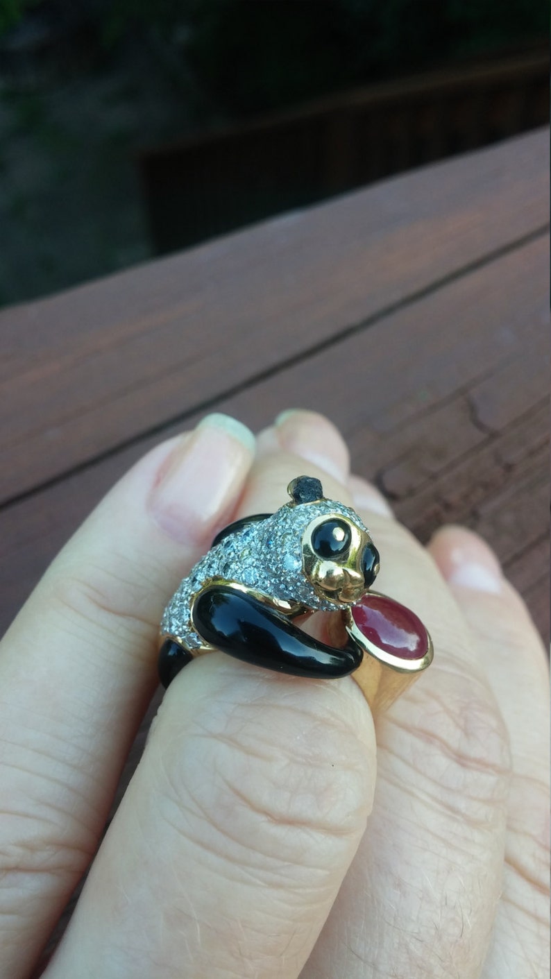 18k Gold Diamond Ruby Black Enamel Panda Ring 12.6 Grams | Etsy