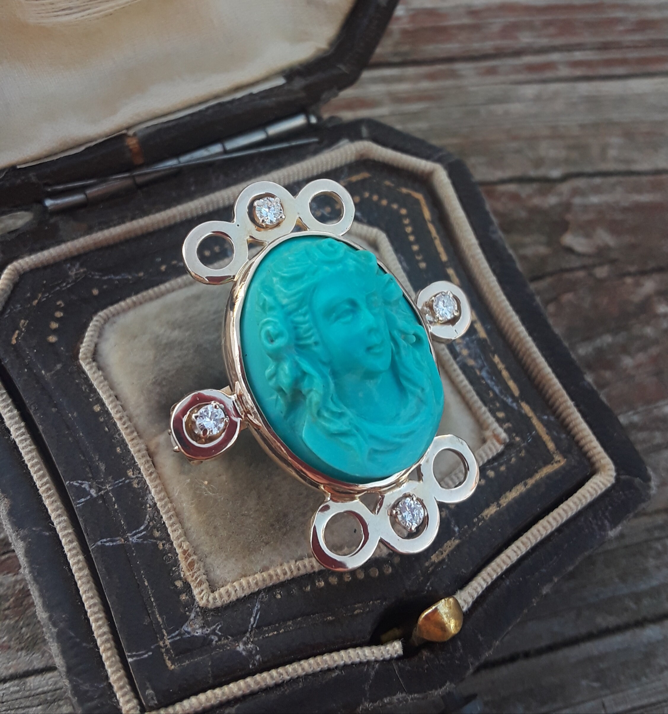 Victorian 14k Gold Diamond Natural High Relief Turquoise Cameo | Etsy