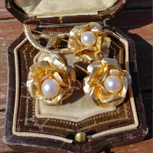 14k Gold Pearl Flower Roses Aset Earrings and Brooch 11.2 Grams - Etsy