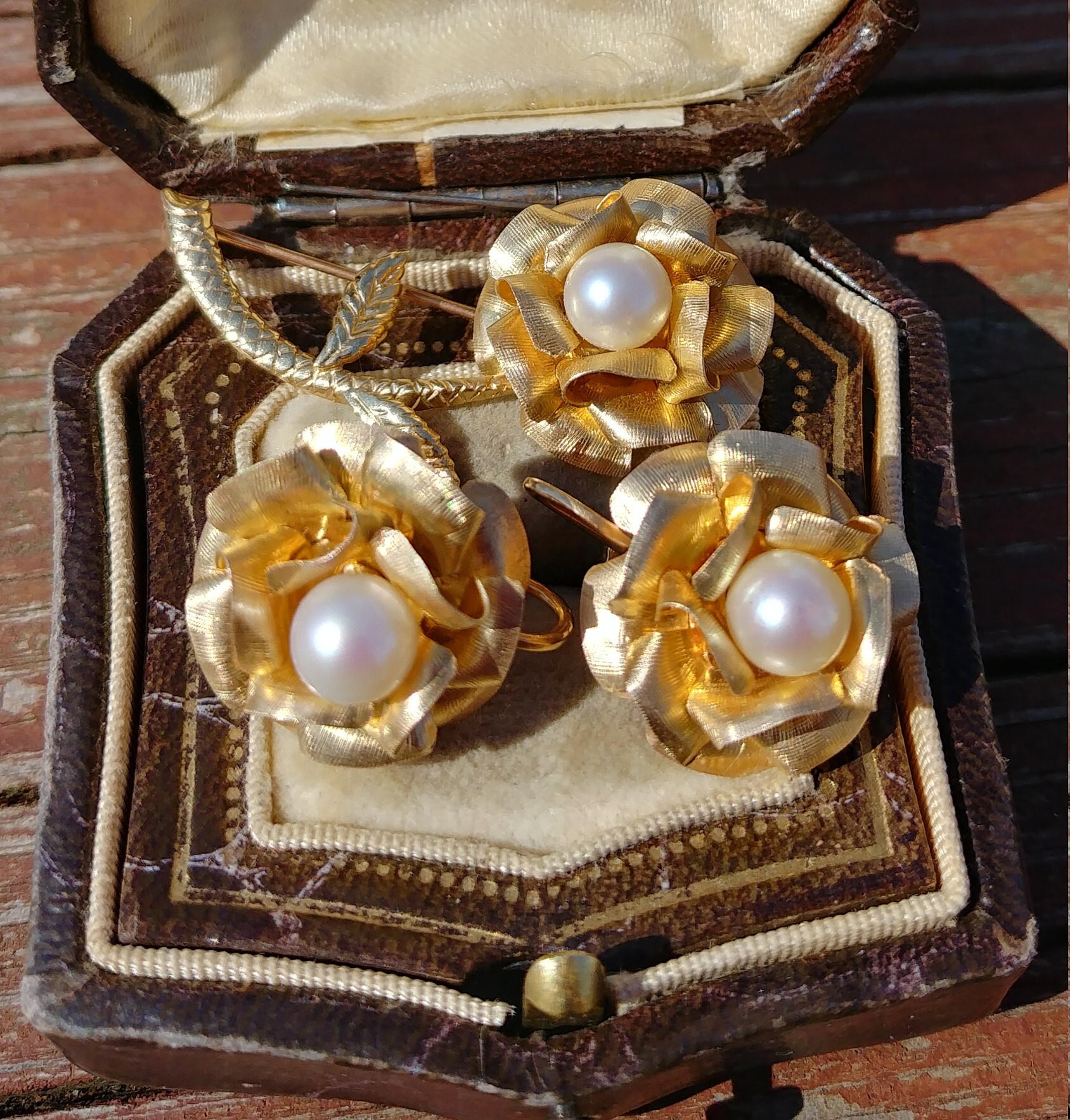 14k Gold Pearl Flower Roses Aset Earrings and Brooch 11.2 Grams - Etsy