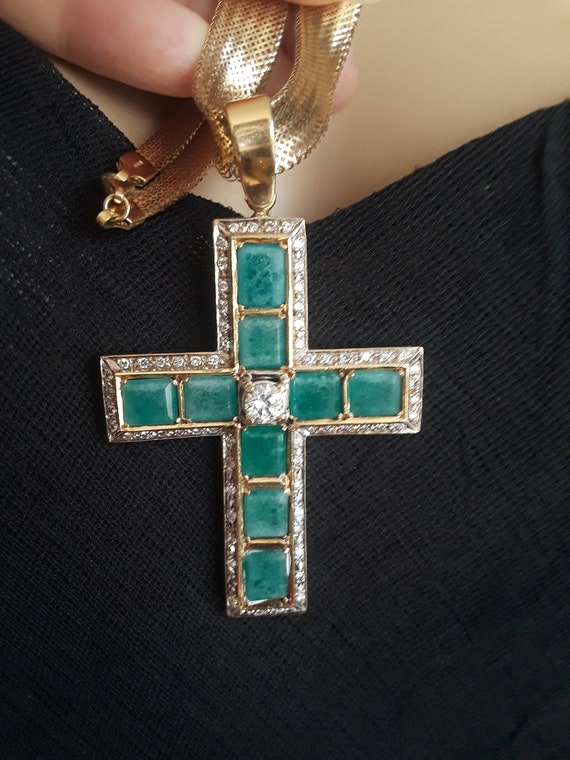 14k Gold Diamond Colombian Emerald Cross Pendant Fabu… - Gem