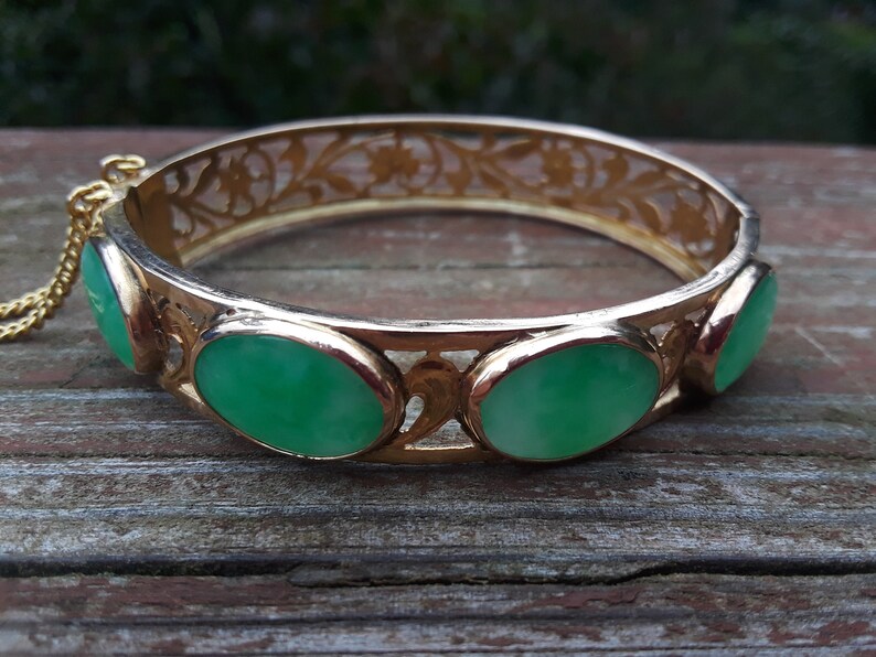 18k Gold Natural Green Jade Bangle Bracelet Exceptional One Of | Etsy