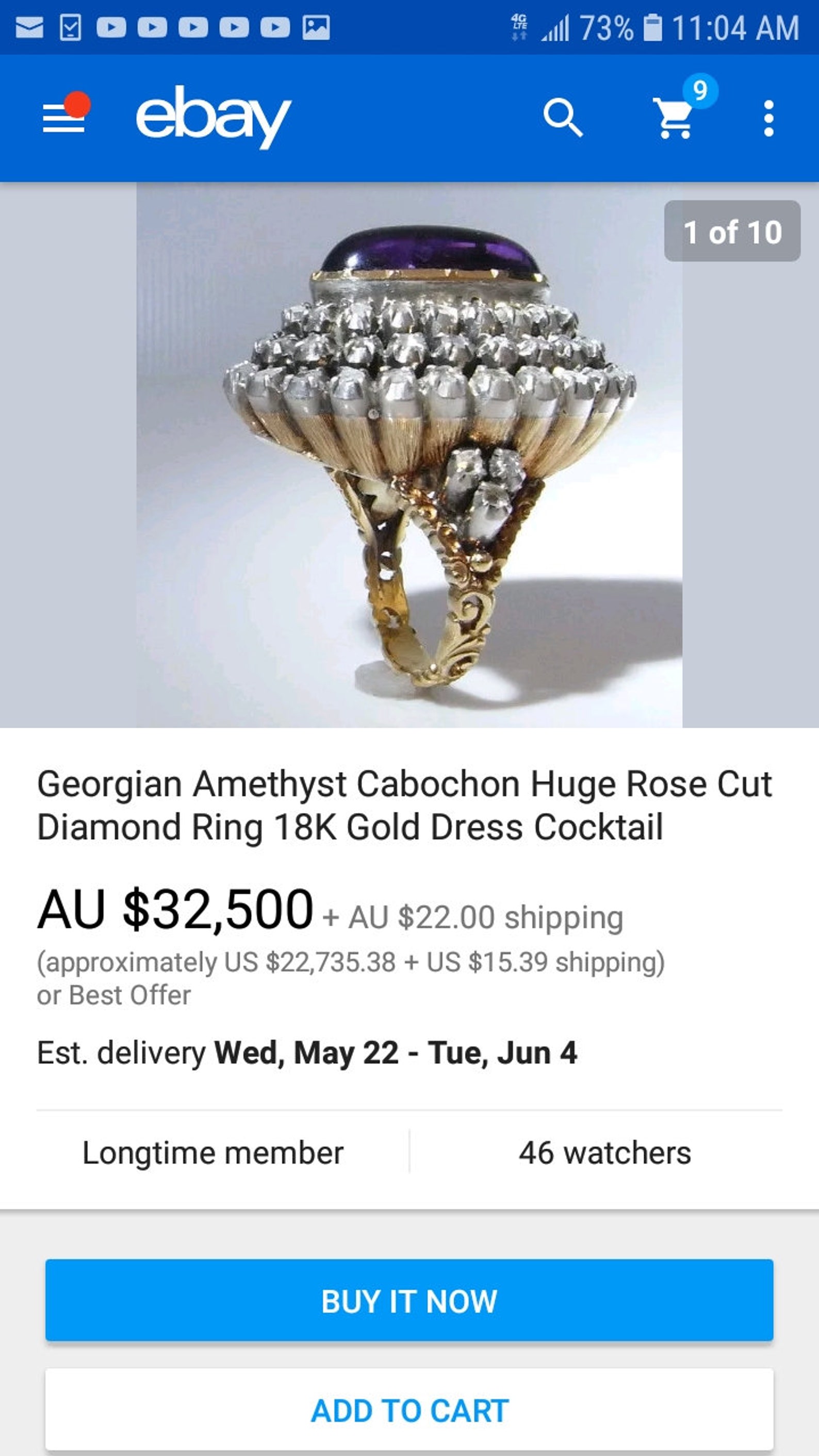 Georgian Gold Silver Rose Cut Diamond Huge Cabochon Natural Amethyst ...