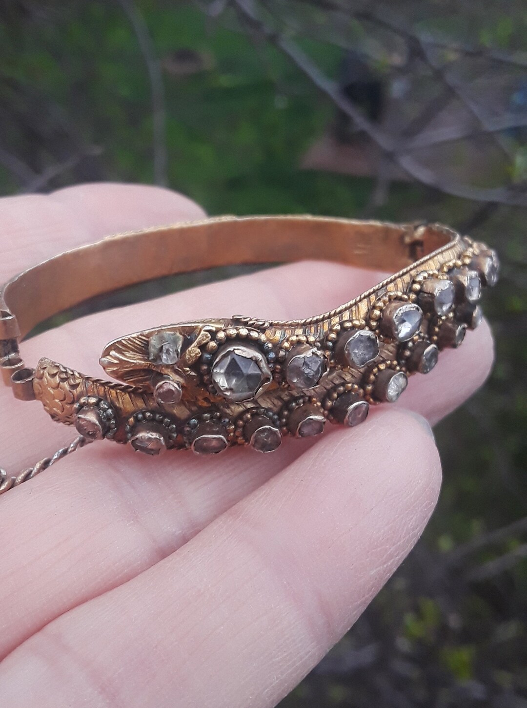 Antique Silver Clear Rose Cut Stones Quartz Snake Bangle Bracelet ...