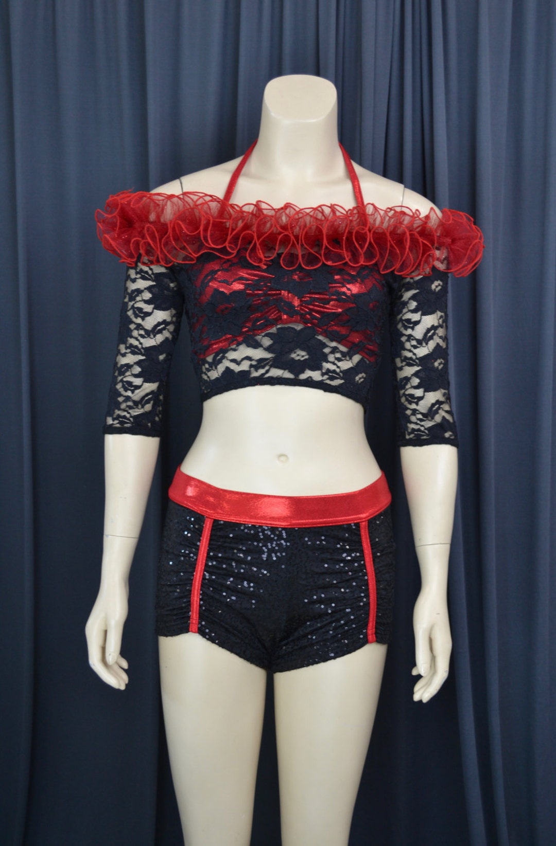 Black and Red Dance Costume Set, Lace Crop Top, Sequin Shorts, Red ...