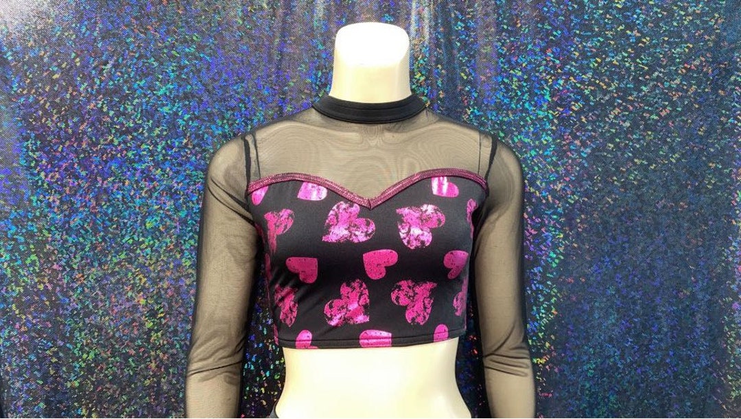 Black and Pink Heart Crop Top for Dance, Black Mesh Long Sleeves ...