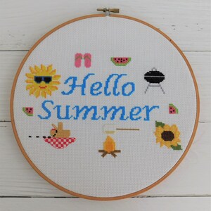 Hello Summer Cross Stitch Pattern, Summer Cross Stitch Chart, Picnic Cross Stitch, Watermelon ...