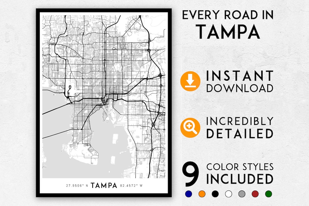 Tampa Map Print, Tampa Print, Tampa City Map, Tampa Poster, Tampa Wall ...