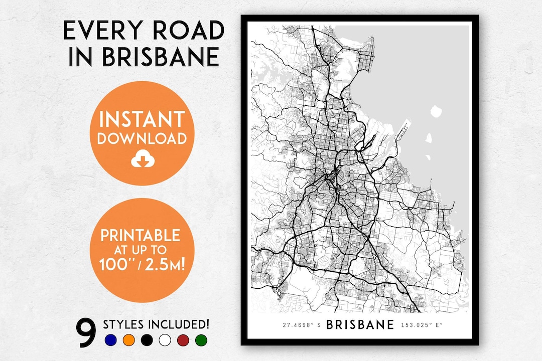 Brisbane Map Print, Printable Brisbane Map Art, Brisbane Print ...