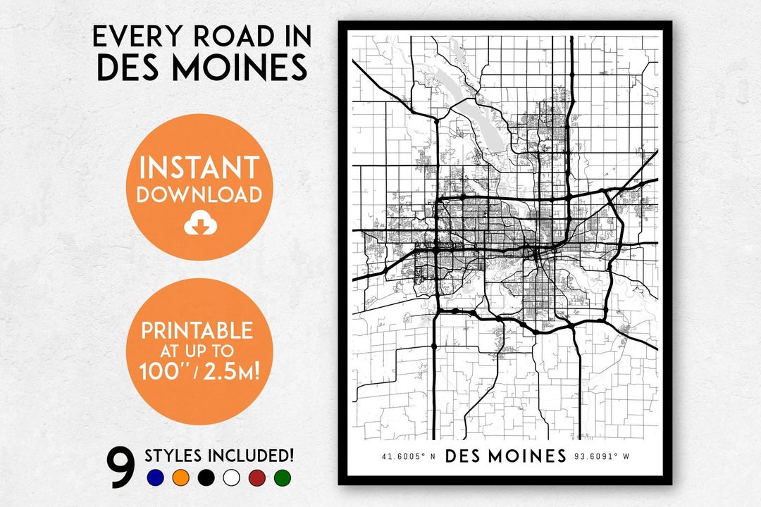 Des Moines Map Print, Printable Des Moines Map Art, Des Moines Print ...