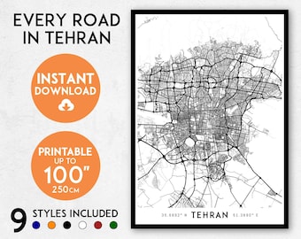 Tehran Iran Map Print, Teheran تهران Map Art Poster, Tehrân Irān, City ...