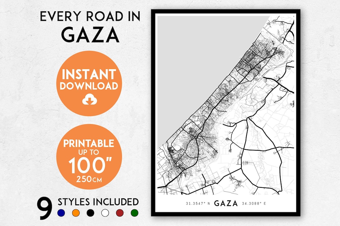 Gaza Map Print, Printable Gaza Strip Map Art, Gaza Print, Palestine Map ...