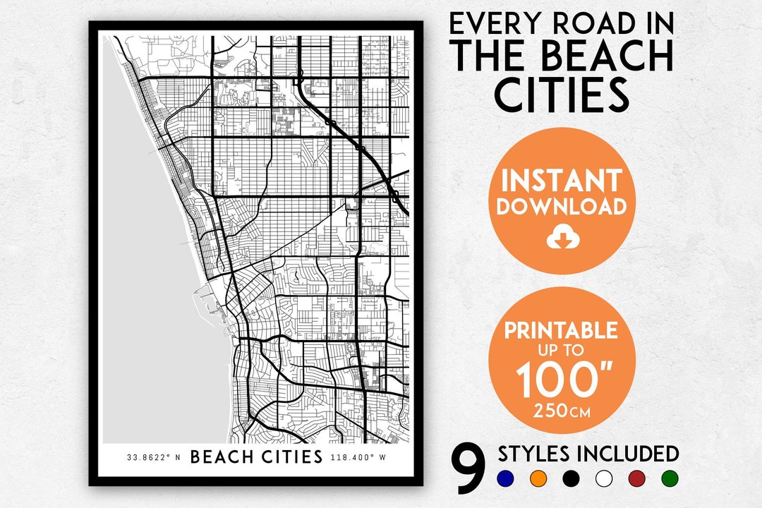 Beach Cities Map Art Print: Los Angeles, Redondo, Hermosa, Manhattan ...