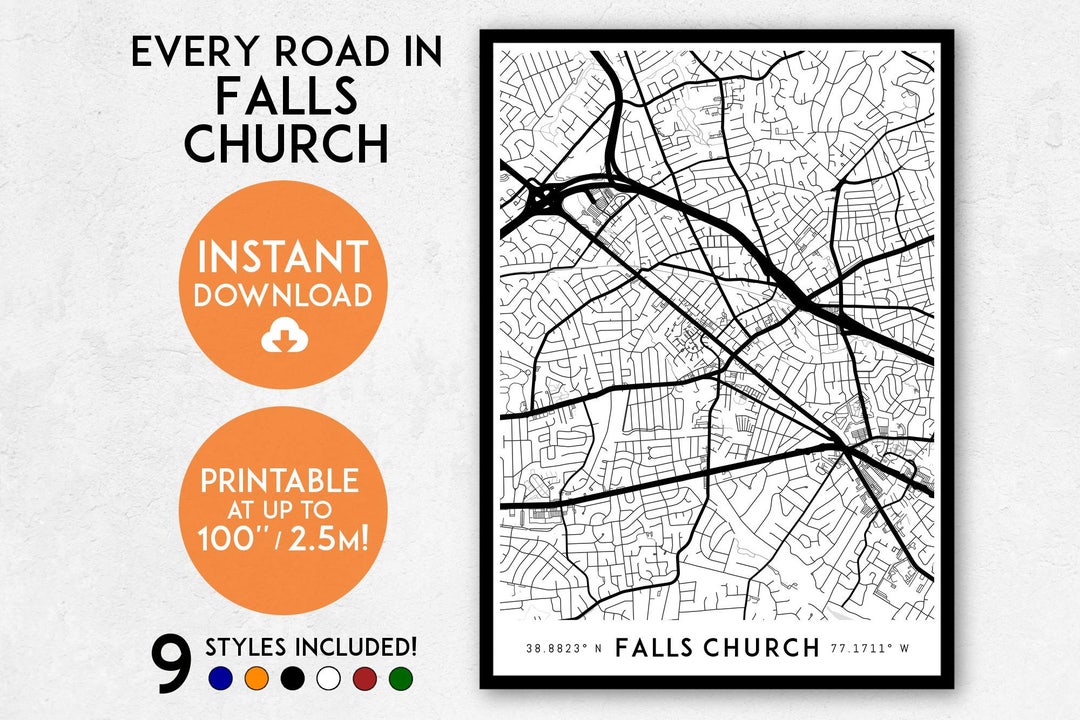 Falls Church Map Print, Printable Falls Church Map Art, Falls Church ...