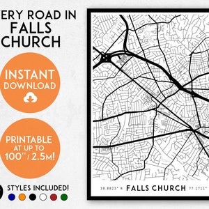 Falls Church Map Art Print: Detailed Virginia Cityscape (digital ...