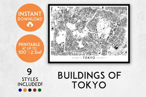 Buildings of Tokyo Map Print Printable Tokyo Map Art Tokyo | Etsy