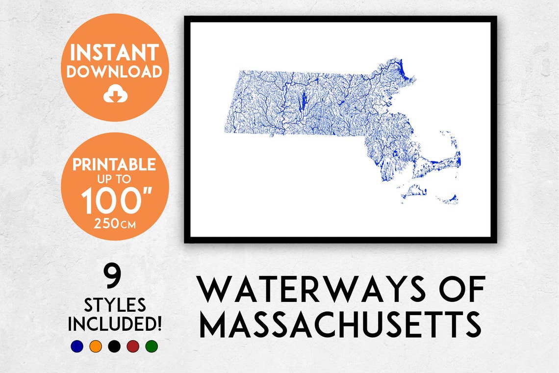 Massachusetts Rivers Map Art Print: Detailed Waterways (digital ...