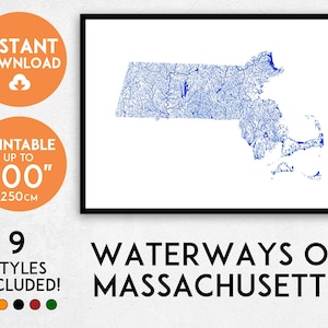 Massachusetts Rivers Map Art Print: Detailed Waterways (digital ...