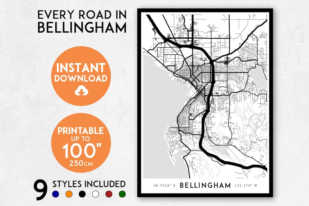 Every Road in Bellingham Map Art | Printable Bellingham Map Print ...