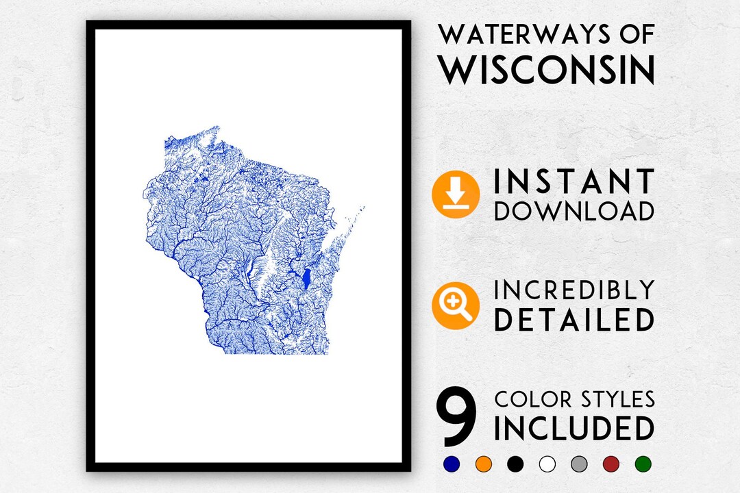 Wisconsin Rivers Map Art Print: Detailed Waterways Poster (digital ...