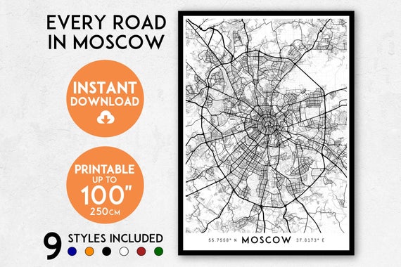 Moscow Map Print Printable Moscow Map Art Moscow Print | Etsy