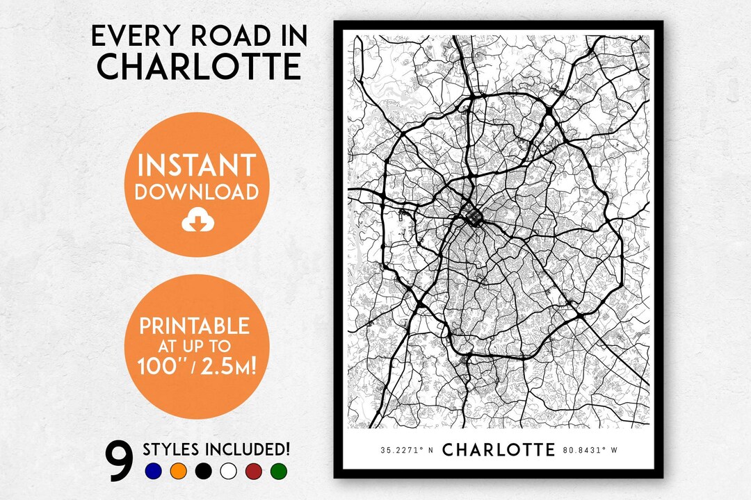 Charlotte Map Print, Printable Charlotte Map Art, Charlotte Print ...