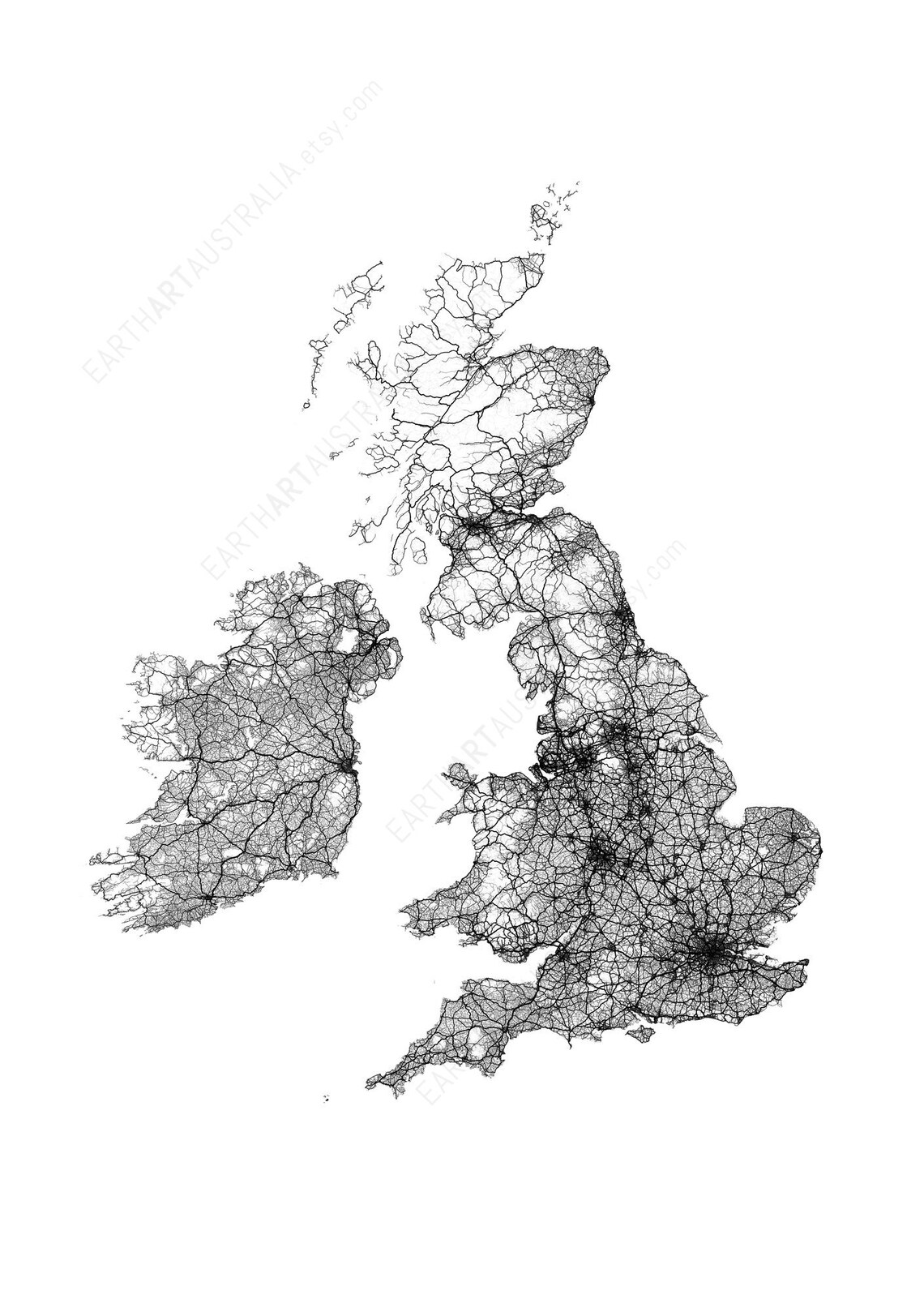 UK & Ireland Map Art Print: Detailed Roads (digital Download) - Etsy