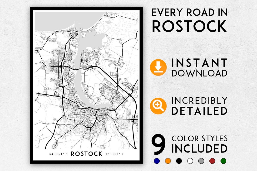 Rostock Karte, Rostock Print, Rostock Stadtplan, Rostock Poster ...