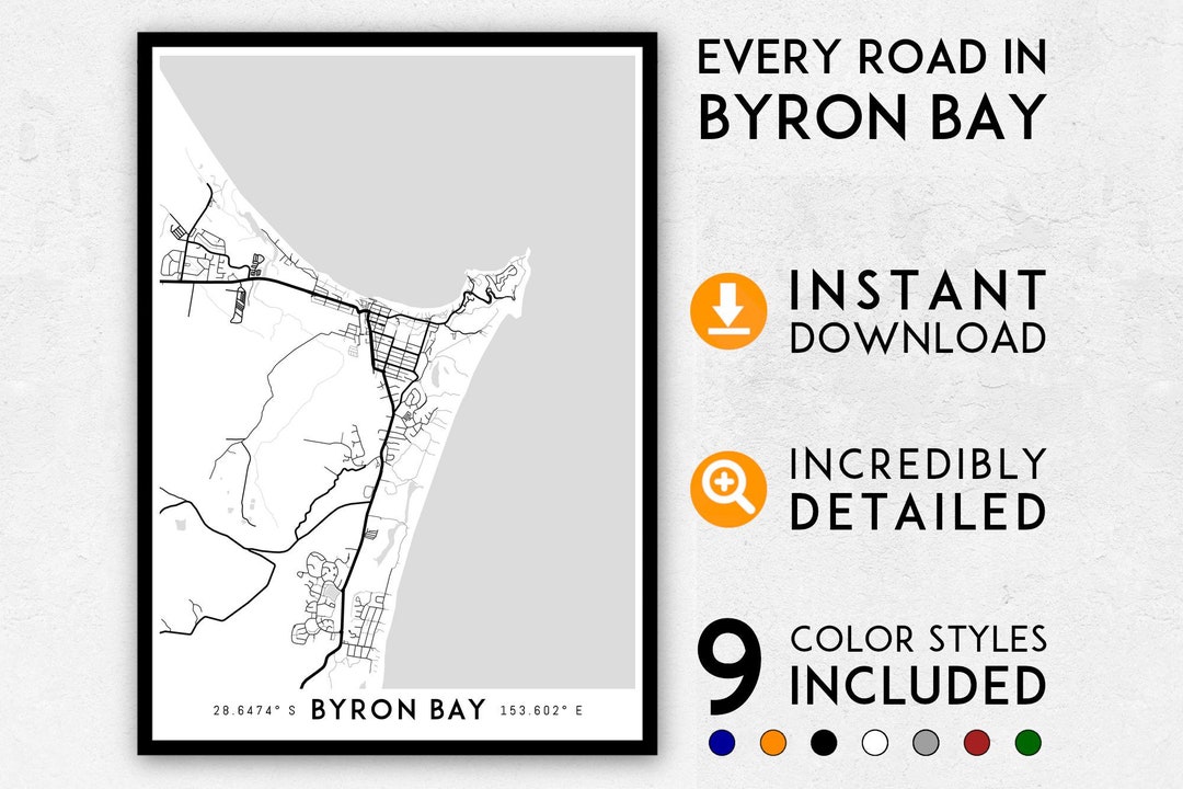 Byron Bay Map Print, Byron Bay Print, Byron Bay City Map, Australia Map ...