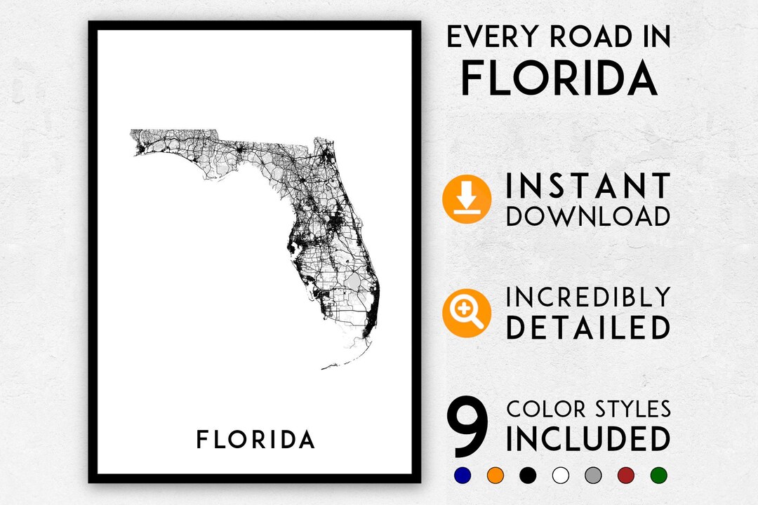 Florida Map Print, Florida Print, Miami Map, Florida Poster, Florida ...