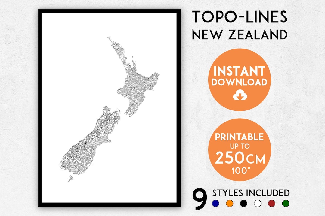 Topo-lines New Zealand Map Print, NZ Map, NZ Print, New Zealand Print ...