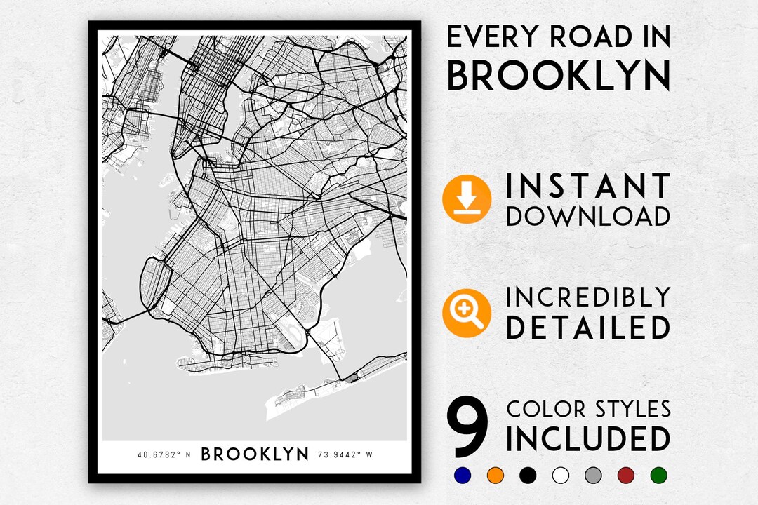 Detailed Brooklyn Map Print: New York City Borough (digital Download ...