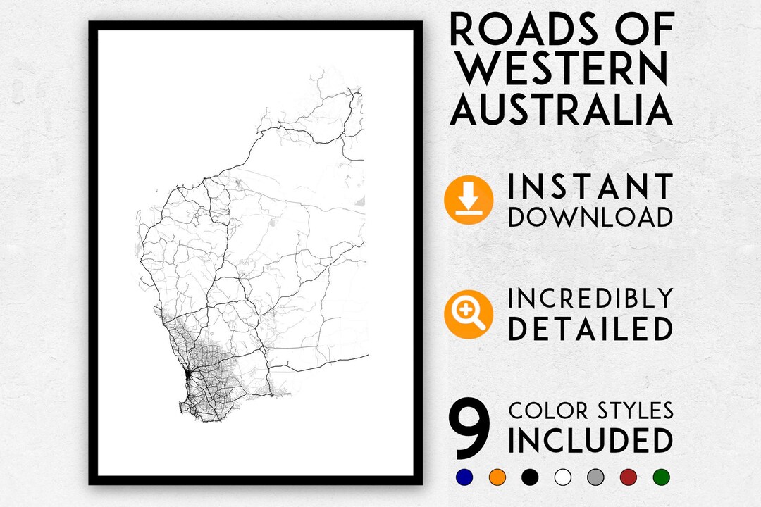 Roads of Western Australia Map Poster, WA Map, WA Print, Western ...
