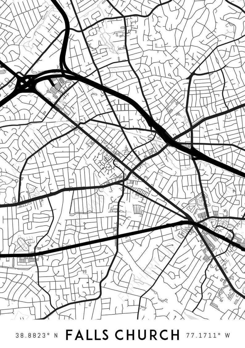 Falls Church Map Art Print: Detailed Virginia Cityscape (digital ...