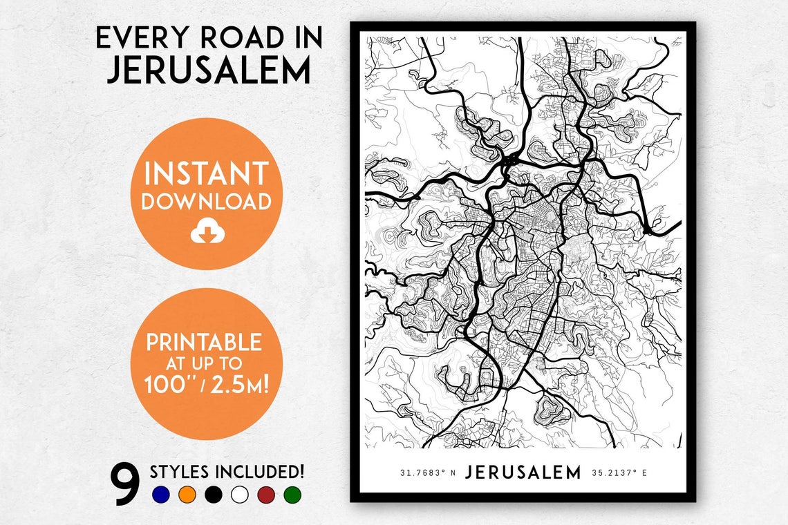 Jerusalem Map Print Printable Jerusalem Map Art Jerusalem | Etsy