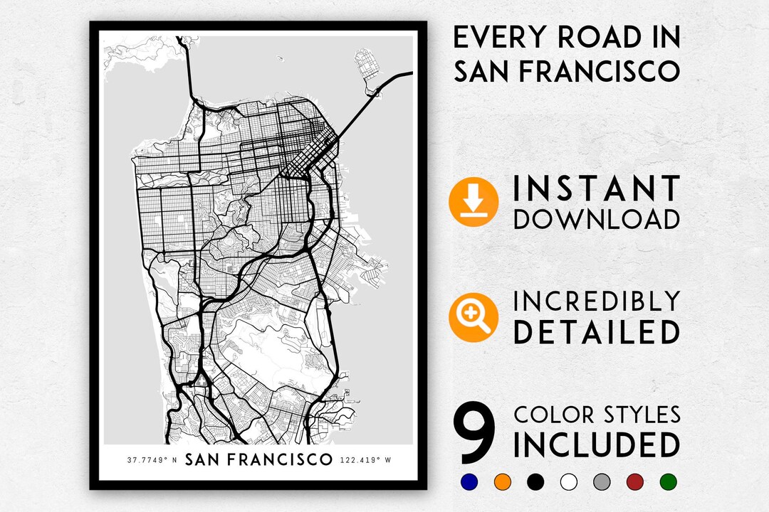 San Francisco City Map Art Print: Detailed California Wall Art (digital ...