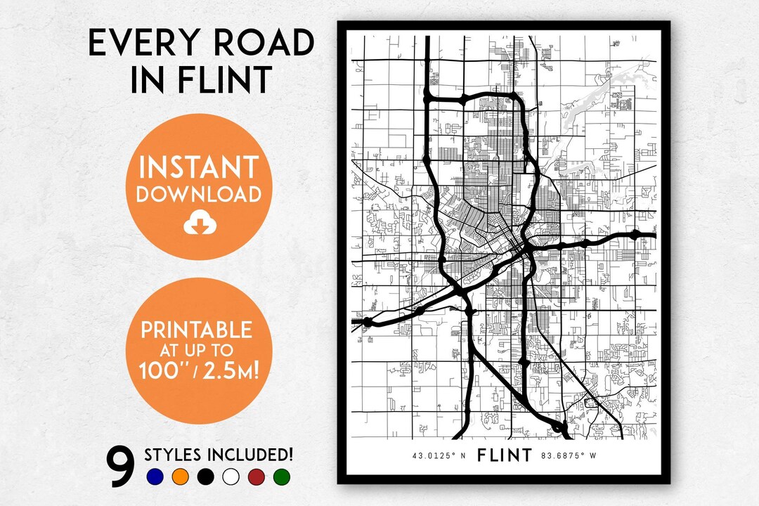 Flint Map Print, Printable Flint Map Art, Flint Print, USA Map, Flint ...