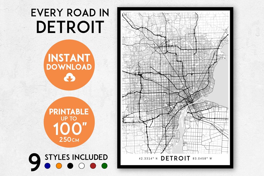 Detroit City Map Art Print: Detailed Michigan Wall Art (digital ...