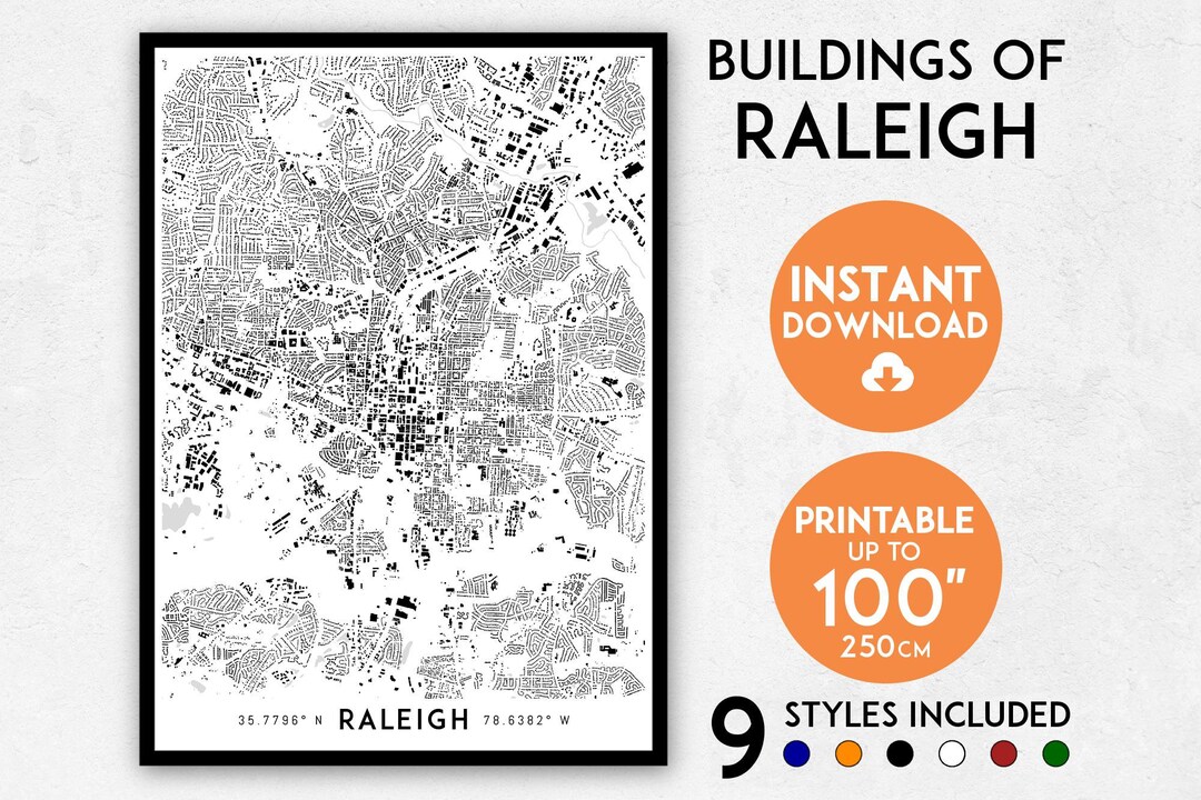 Buildings of Raleigh Map Print, Raleigh Print, North Carolina Map ...
