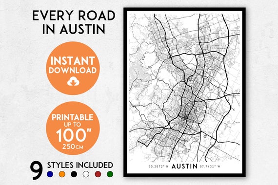 Austin map print Printable Austin map art Austin print | Etsy