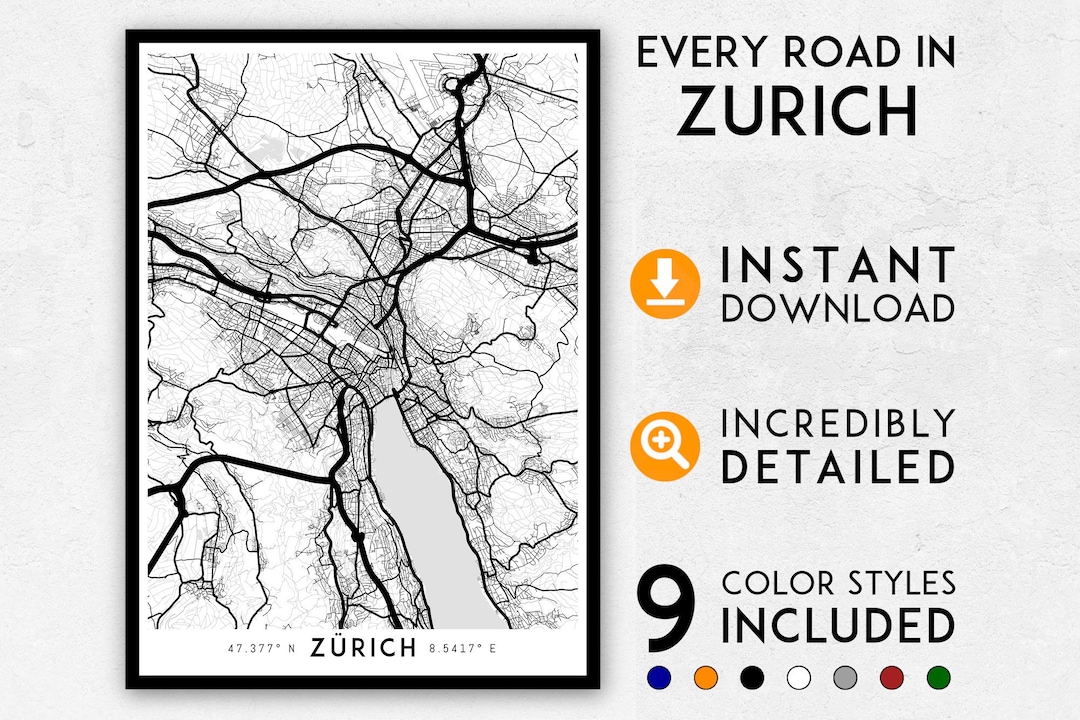 Zurich City Map Art Print: Detailed Switzerland Poster (digital ...