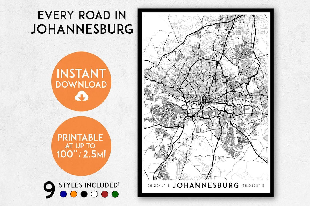 Johannesburg Map Art Print: Detailed South Africa City Map (digital ...