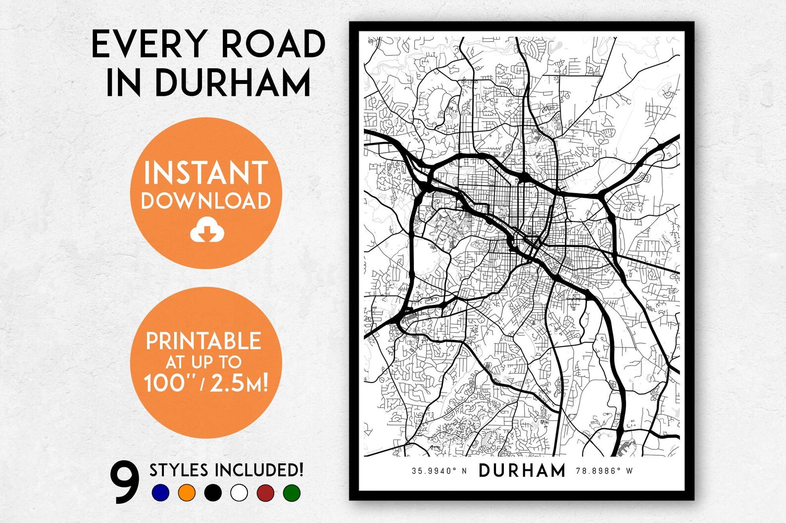 Durham North Carolina Map Art Print: Detailed City Roads (digital ...
