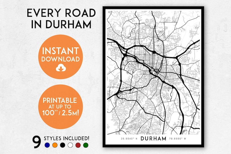 Durham North Carolina Map Art Print: Detailed City Roads (digital ...