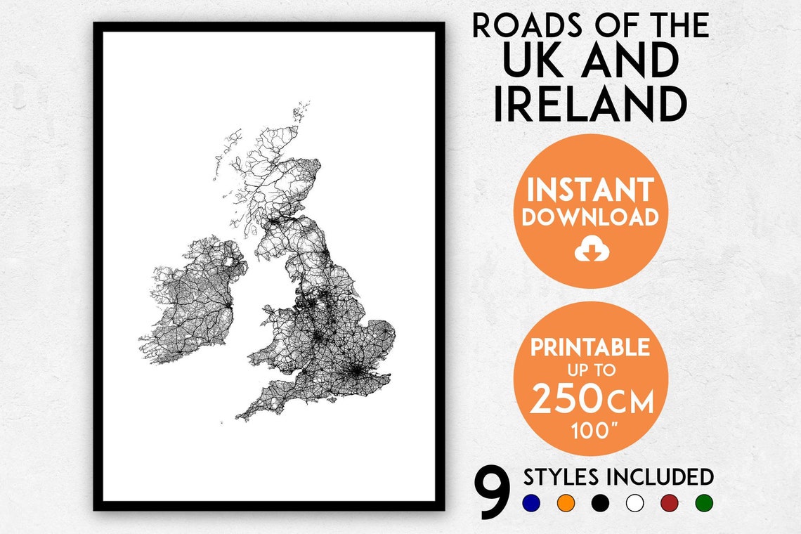 UK & Ireland Map Art Print: Detailed Roads (digital Download) - Etsy