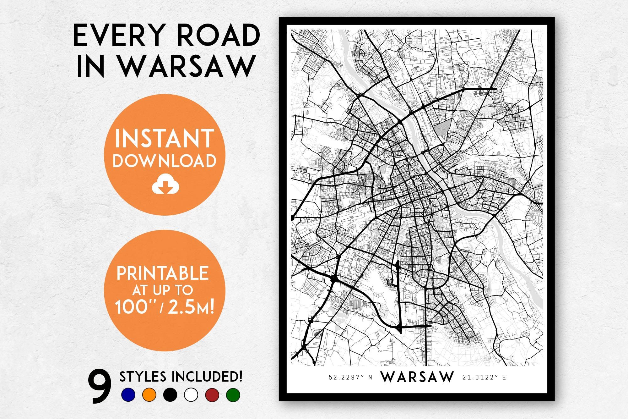 Warsaw map print Printable Warsaw map art Warsaw print | Etsy